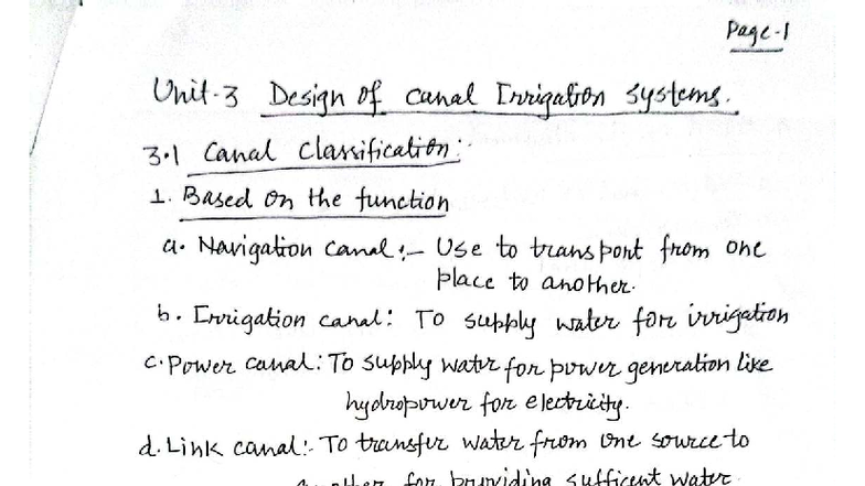 Unit-3 Irrigation Engineering: Canal Design and Classification - Studocu