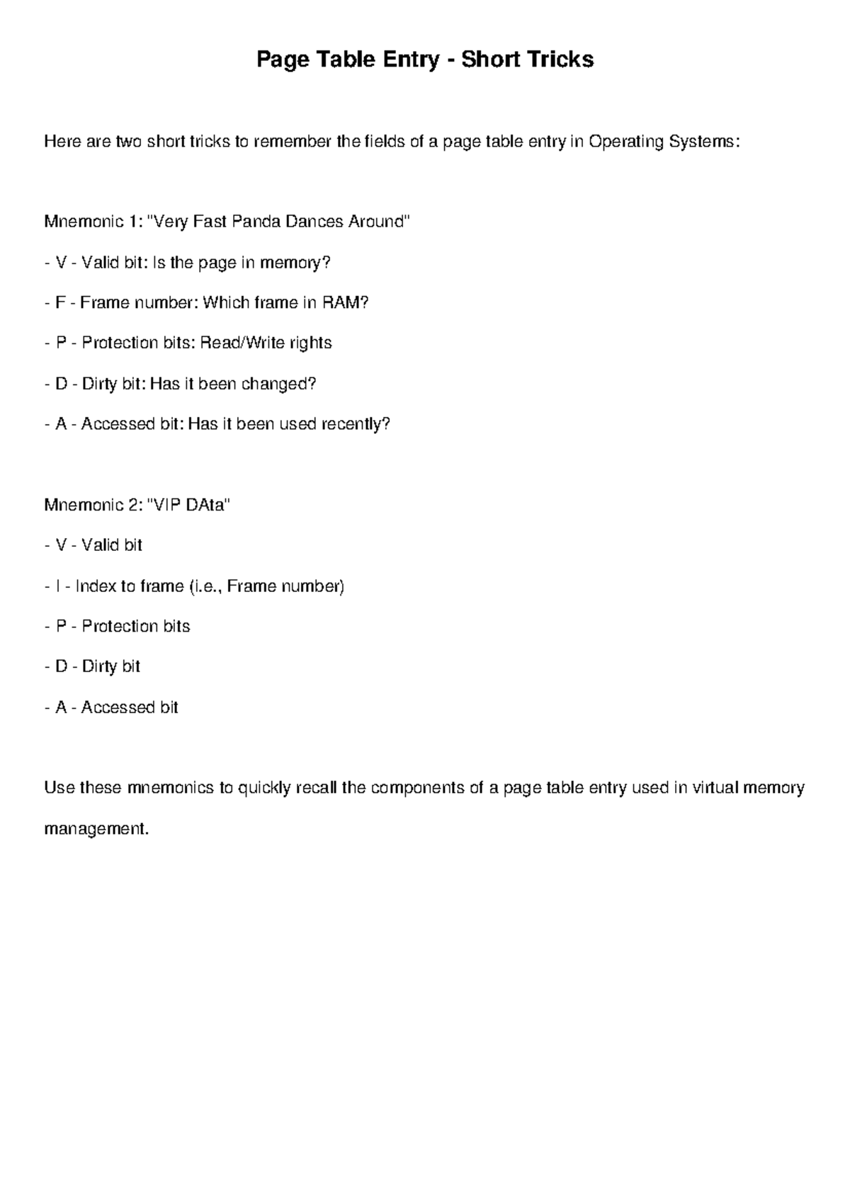 Page Table Entry Mnemonics for OS (CS101) - Studocu