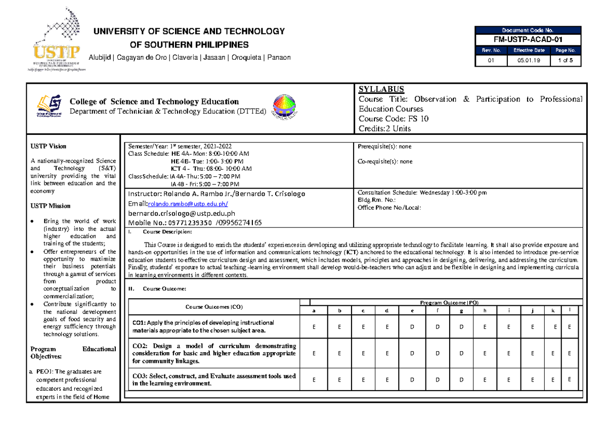FS 10: Comprehensive Final Syllabus for Observation & Participation in ...