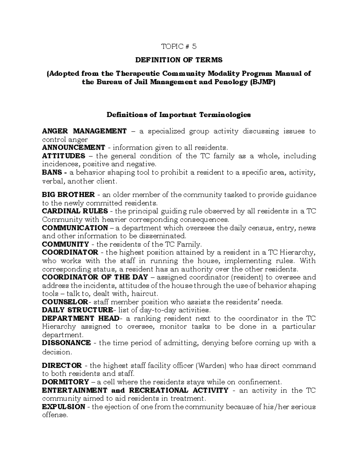 Topic 5: Key Terms in the Therapeutic Community Modality - Studocu