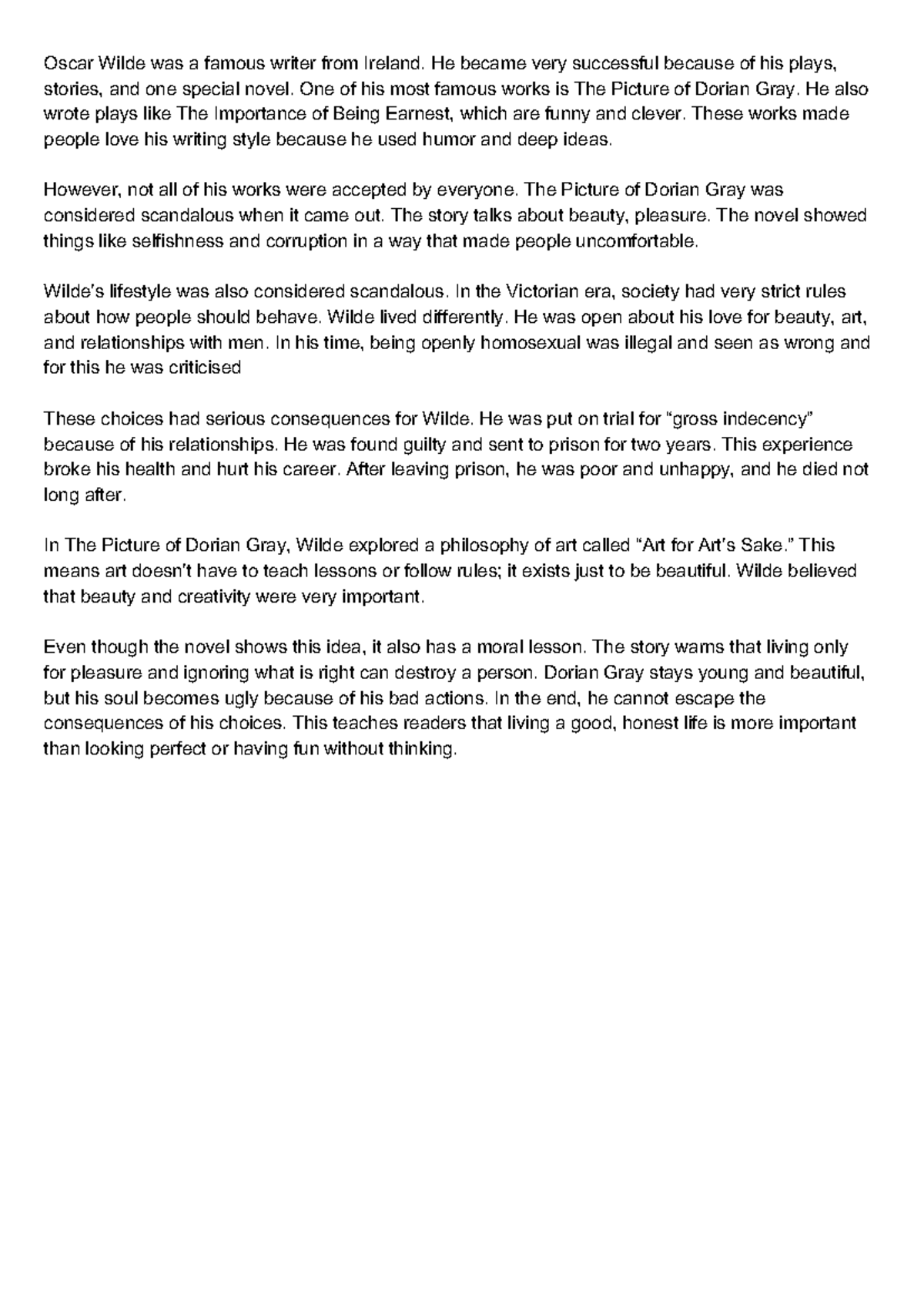 Oscar Wilde: The Picture of Dorian Gray - Exam Prep Notes - Studocu