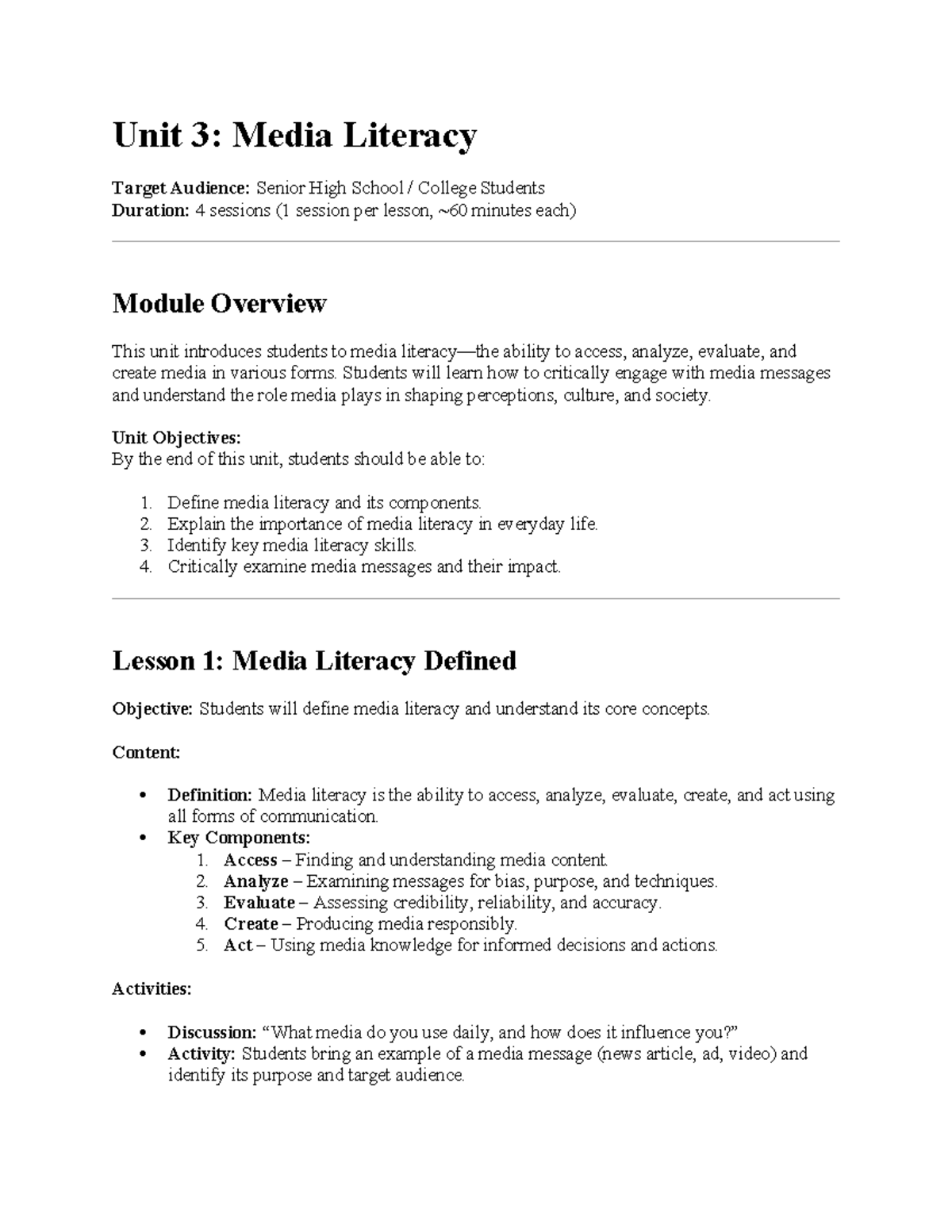 Unit 3: Media Literacy for Senior High School Students - Studocu