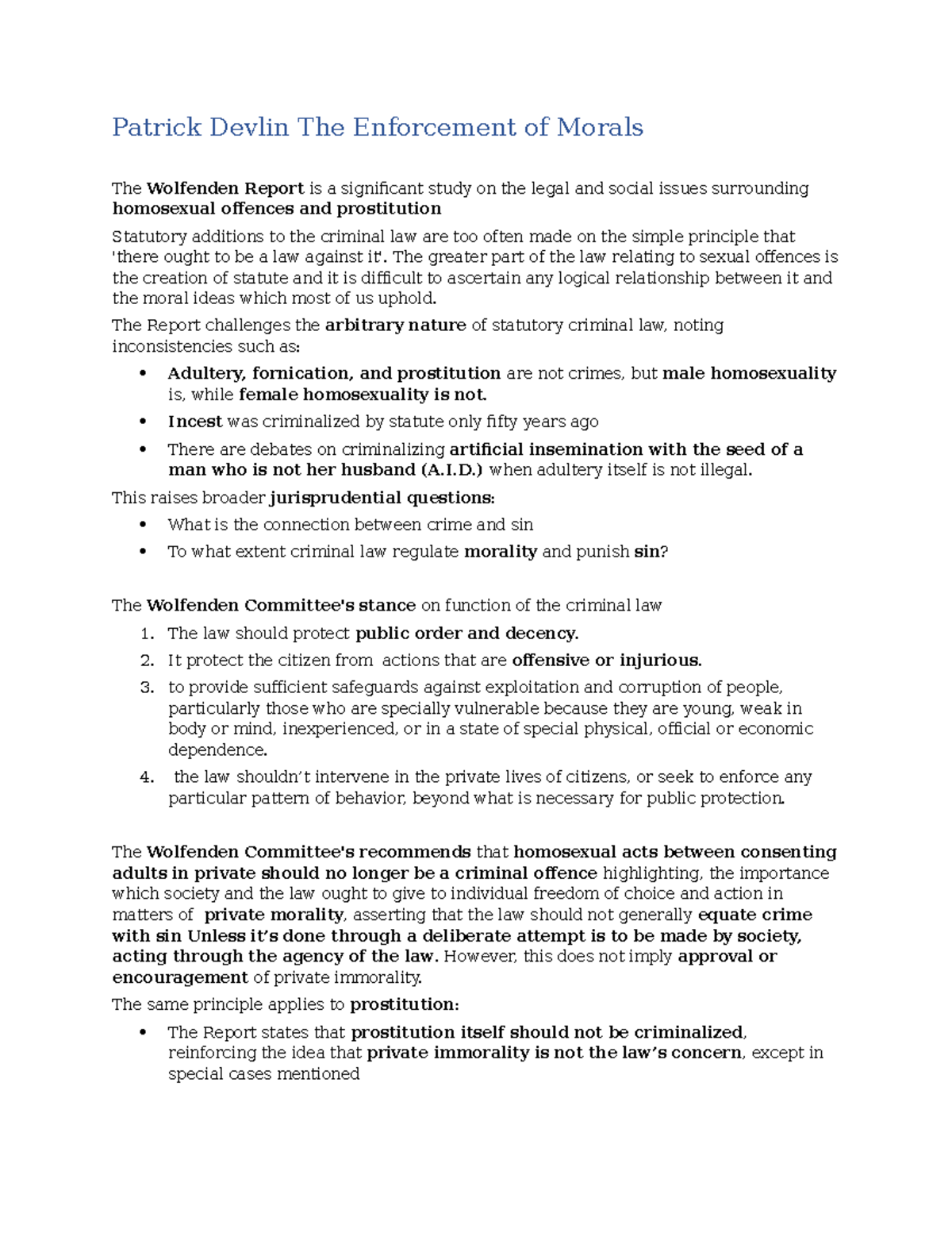 Patrick Devlin The Enforcement of Morals (page 1-7 summary) - Patrick Devlin The Enforcement of ...