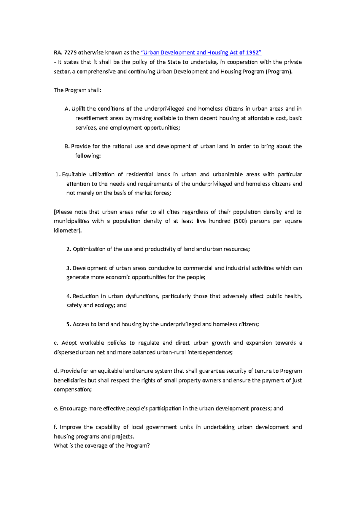 RA 7279 - Overview of the Urban Development and Housing Program - Studocu