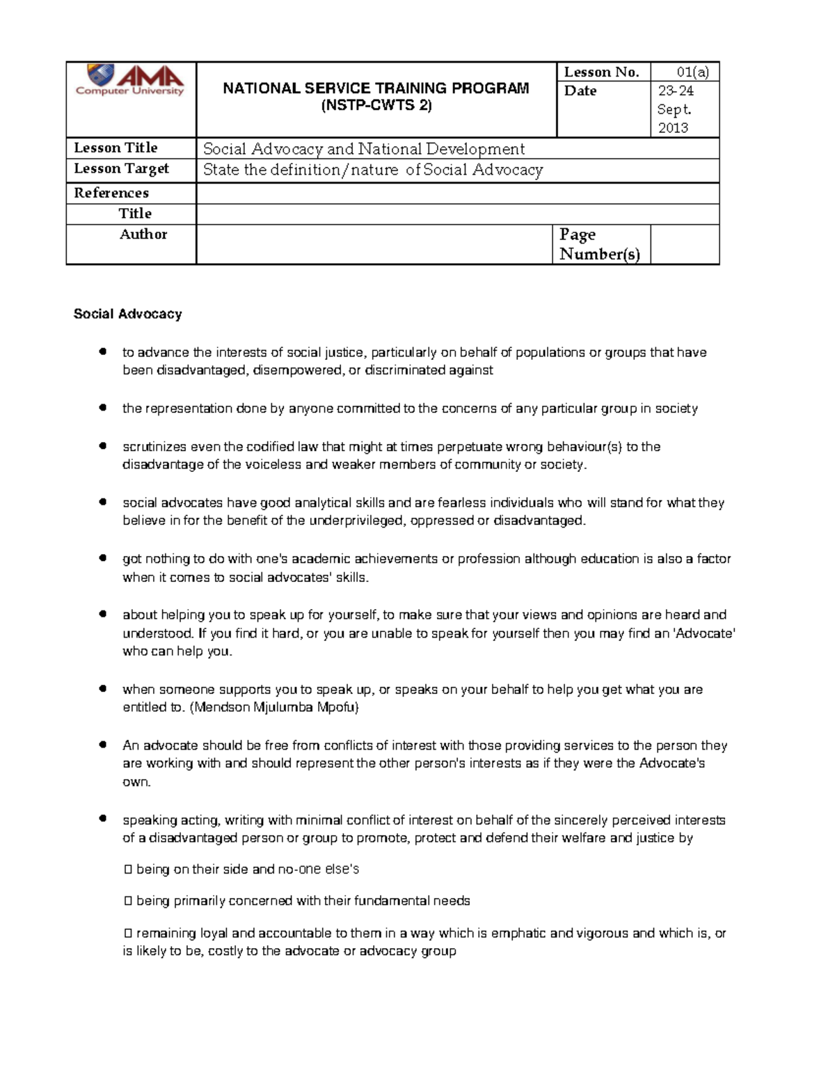 Week 1 - Social Advocacy and National Development - NATIONAL SERVICE ...