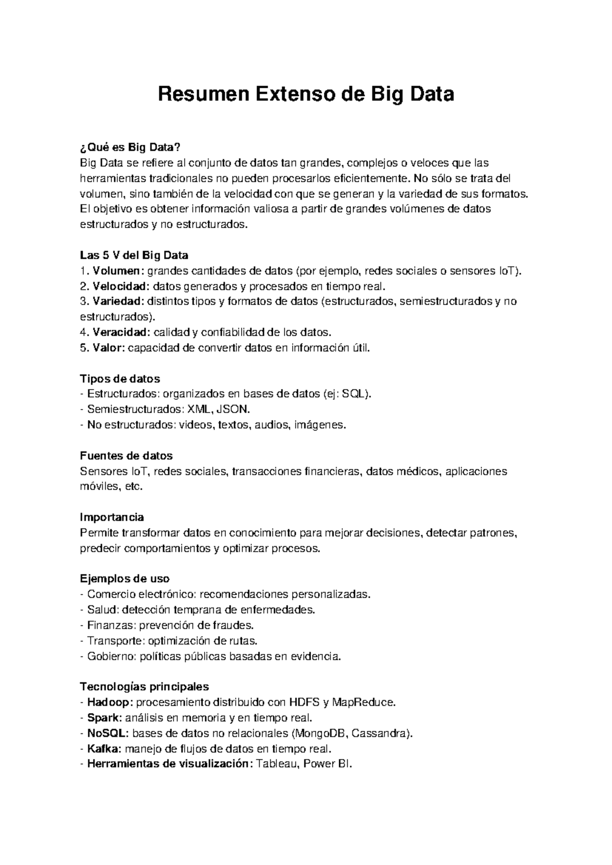 Resumen Extenso de Big Data: Conceptos y Aplicaciones - Studocu