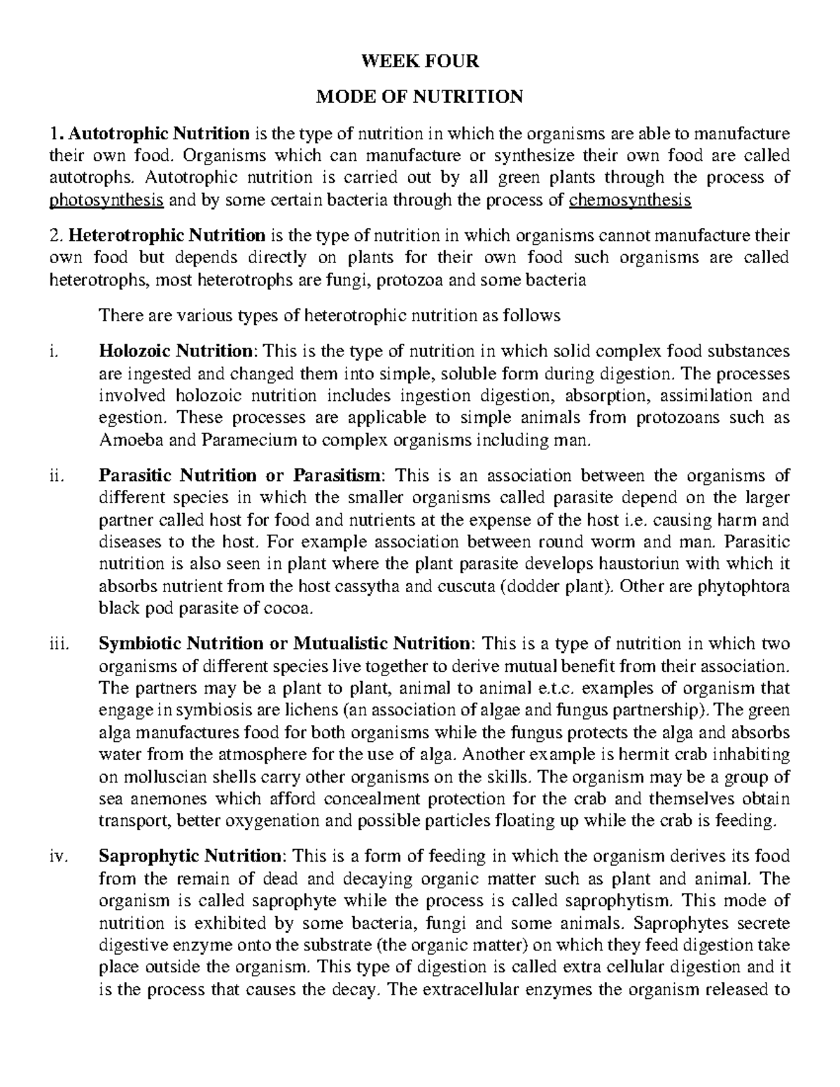 BIO 101: Week 4 - Modes of Nutrition: Autotrophic & Heterotrophic - Studocu