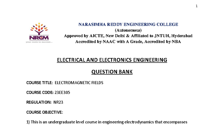 EMF Question Bank - 23EE305 - Electromagnetic Fields Notes - Studocu
