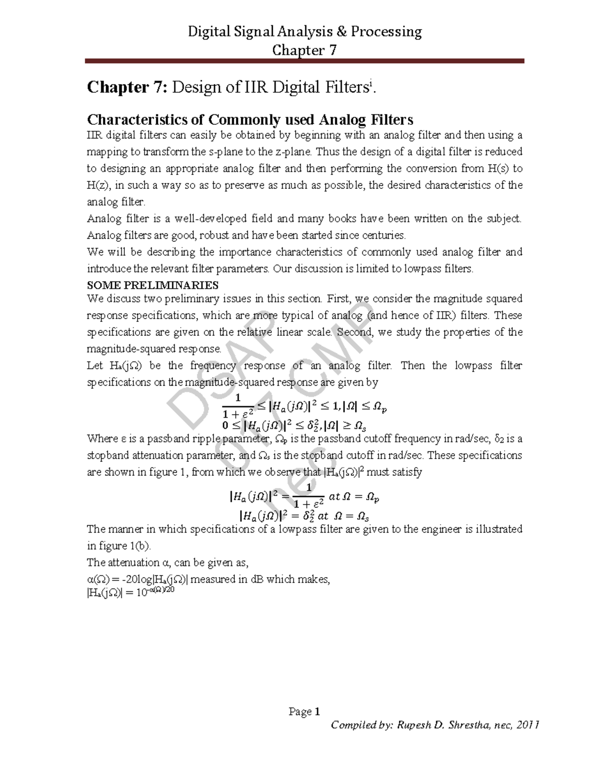 Digital Signal Analysis Processing: Chapter 7 - IIR Filter Design - Studocu