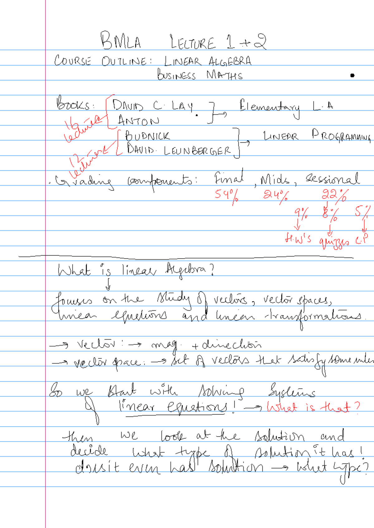 BMLA LECTURE: INTRODUCTION TO LINEAR ALGEBRA AND BUSINESS MATH - Studocu