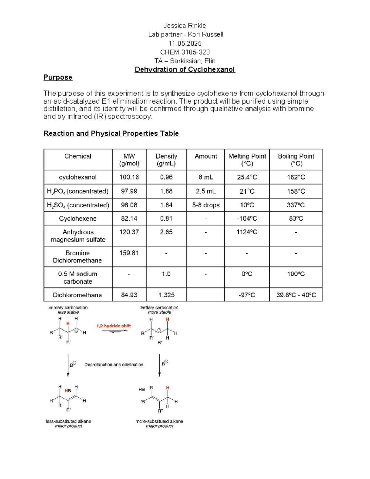 CHEM 101 Lab: Dehydration of Cyclohexanol Experiment - Studocu