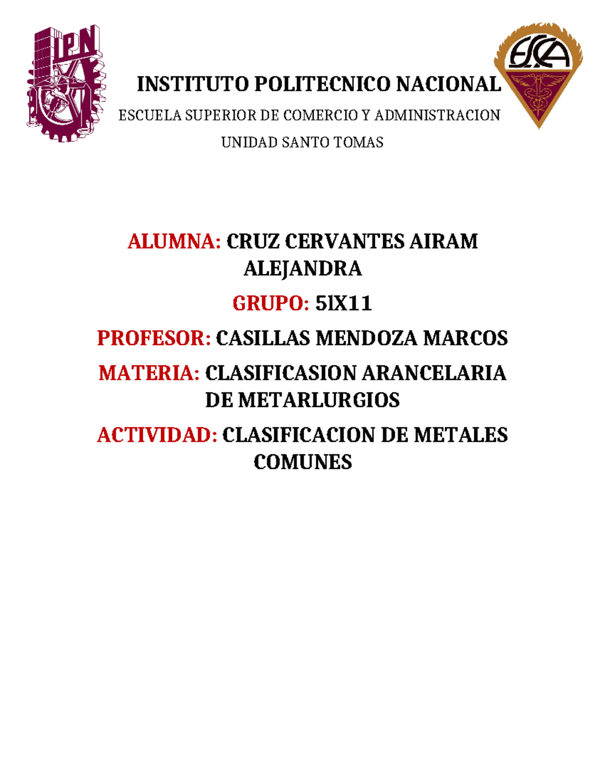 Clasificasion de metales comunes metalurgios - INSTITUTO POLITECNICO ...