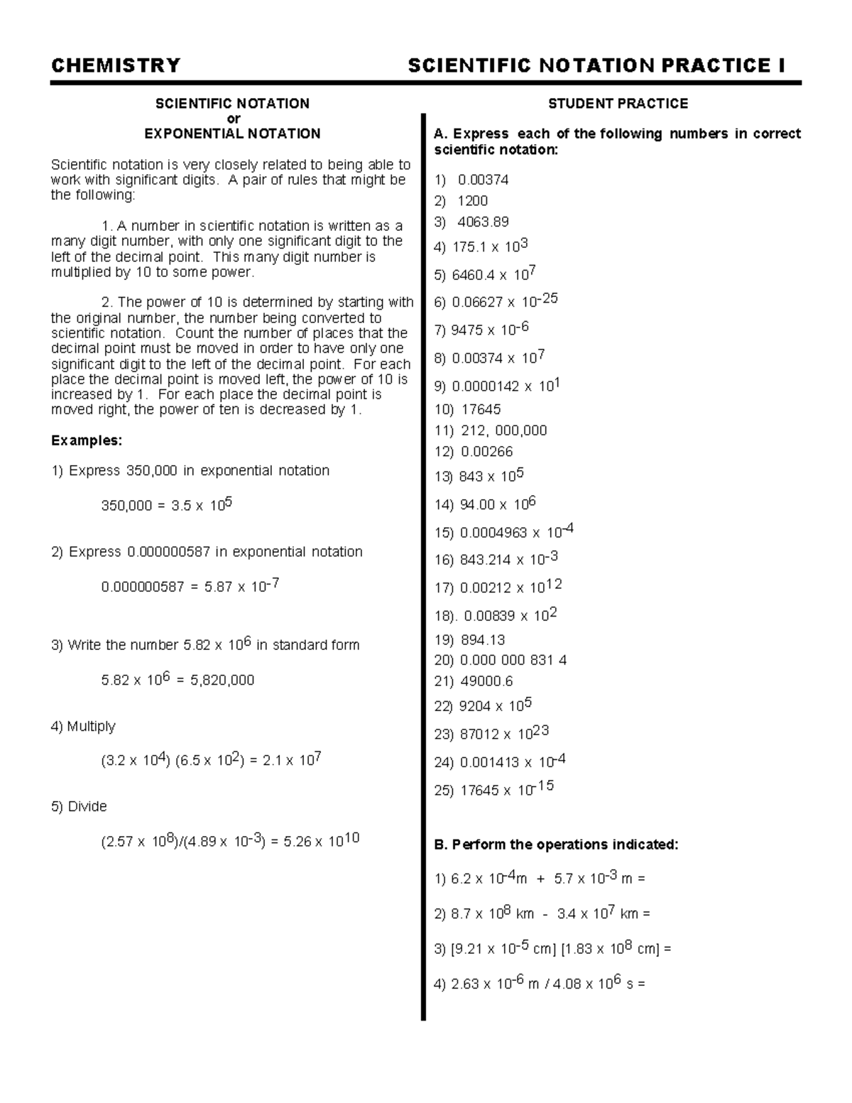 Scientific Notation Worksheet (CHEM 101): Practice Problems & Examples ...