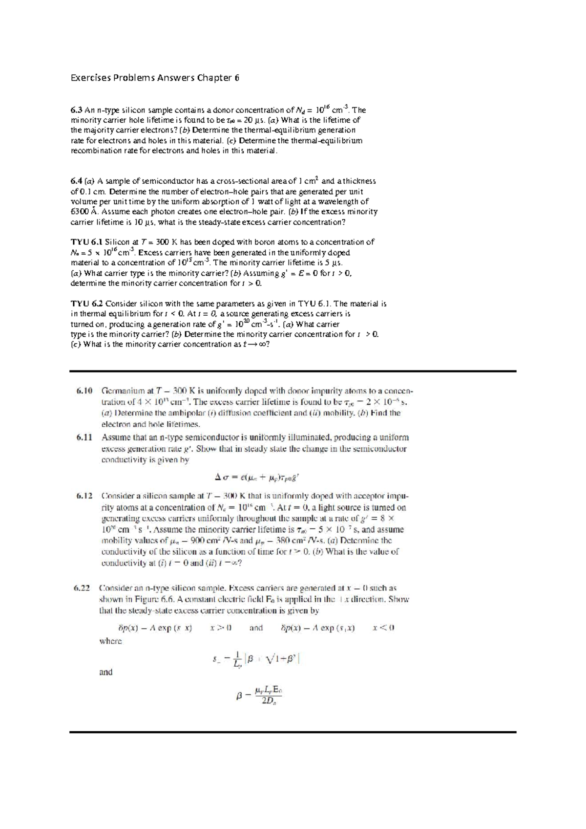 Exercises Problems Answers for Chapter 6 - Semiconductor Physics - Studeersnel