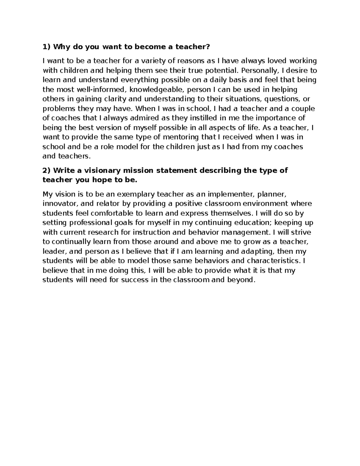 Module 1: Visionary Teaching Statement and Personal Reflections - Studocu