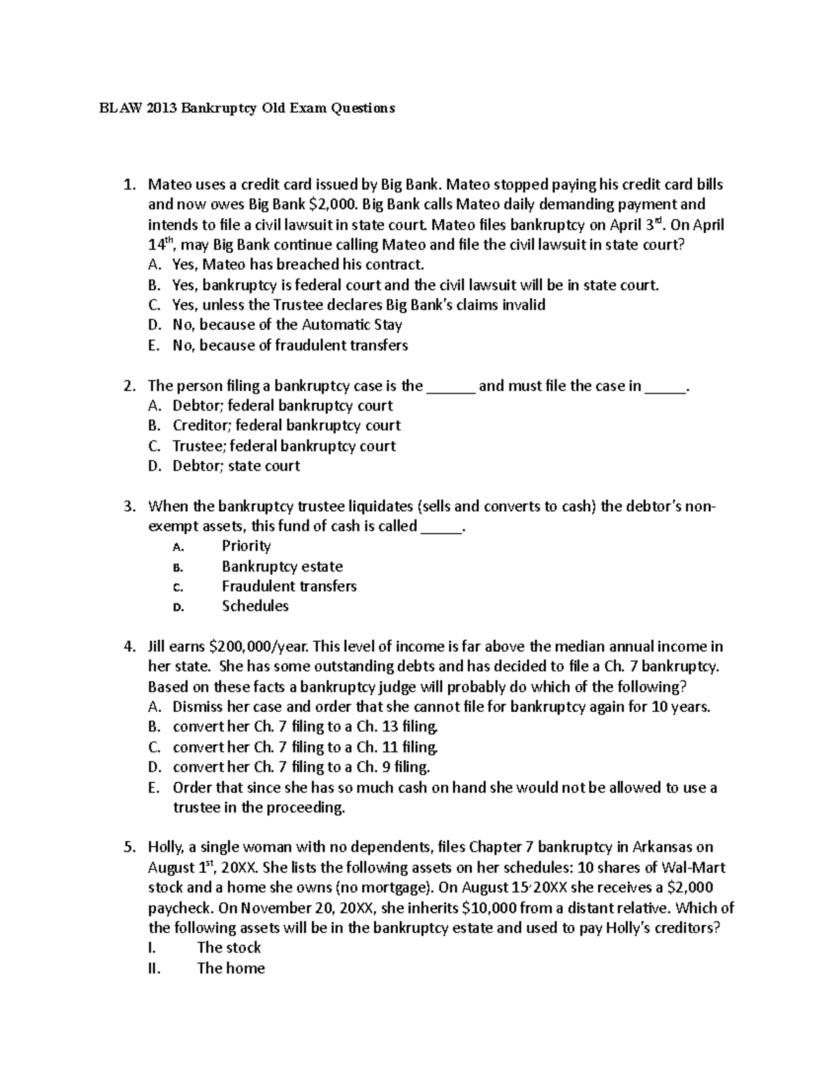 BLAW 2013 Final Exam Bankruptcy Practice Questions & Answers - Studocu