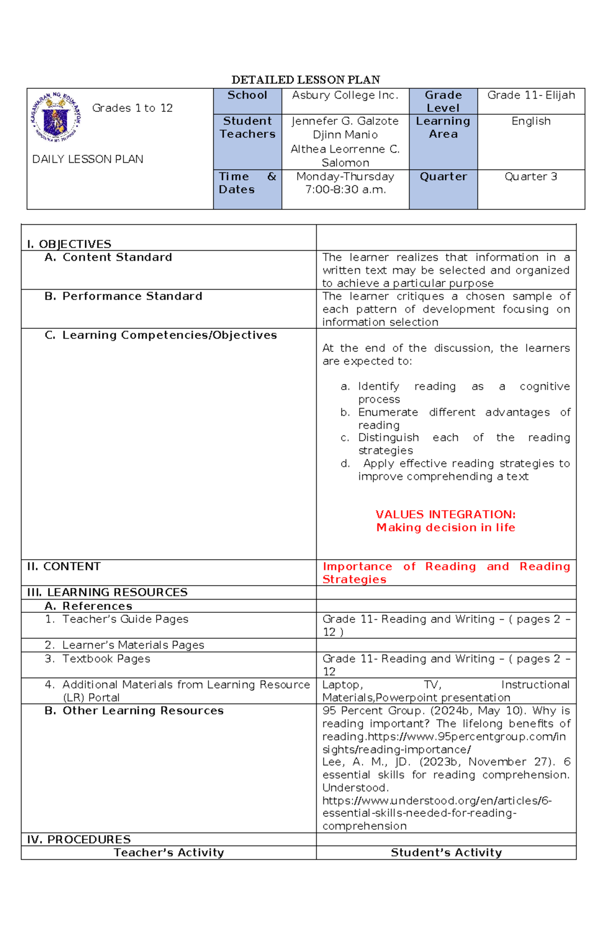 Final-reading - Reading and writing - DETAILED LESSON PLAN Grades 1 to ...