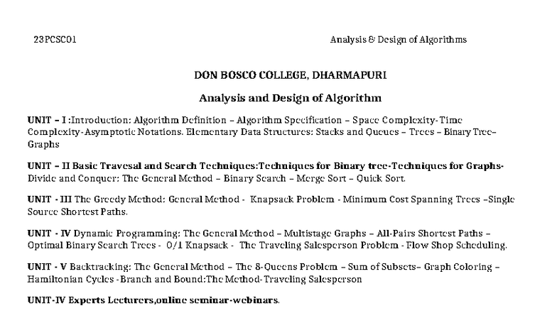 23PCSC01 Analysis and Design of Algorithms - Unit I to V Overview - Studocu