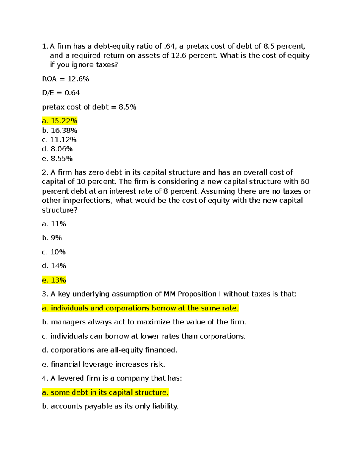 Cost of Equity Analysis and Capital Structure Implications (Q16) - Studocu