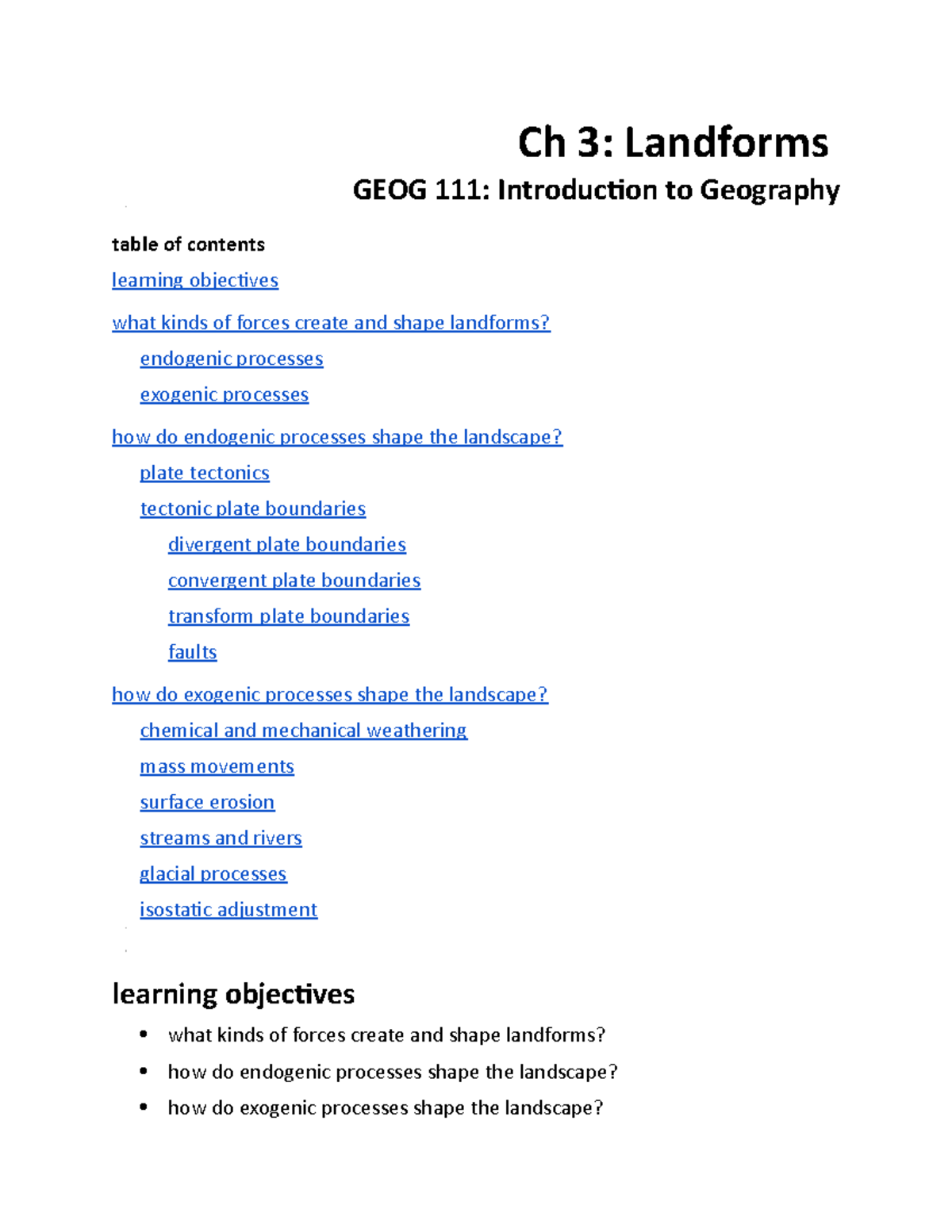 Ch 3- Landforms GEOG 111- Introduction to Geography - Ch 3: Landforms GEOG 111: Introduction to ...