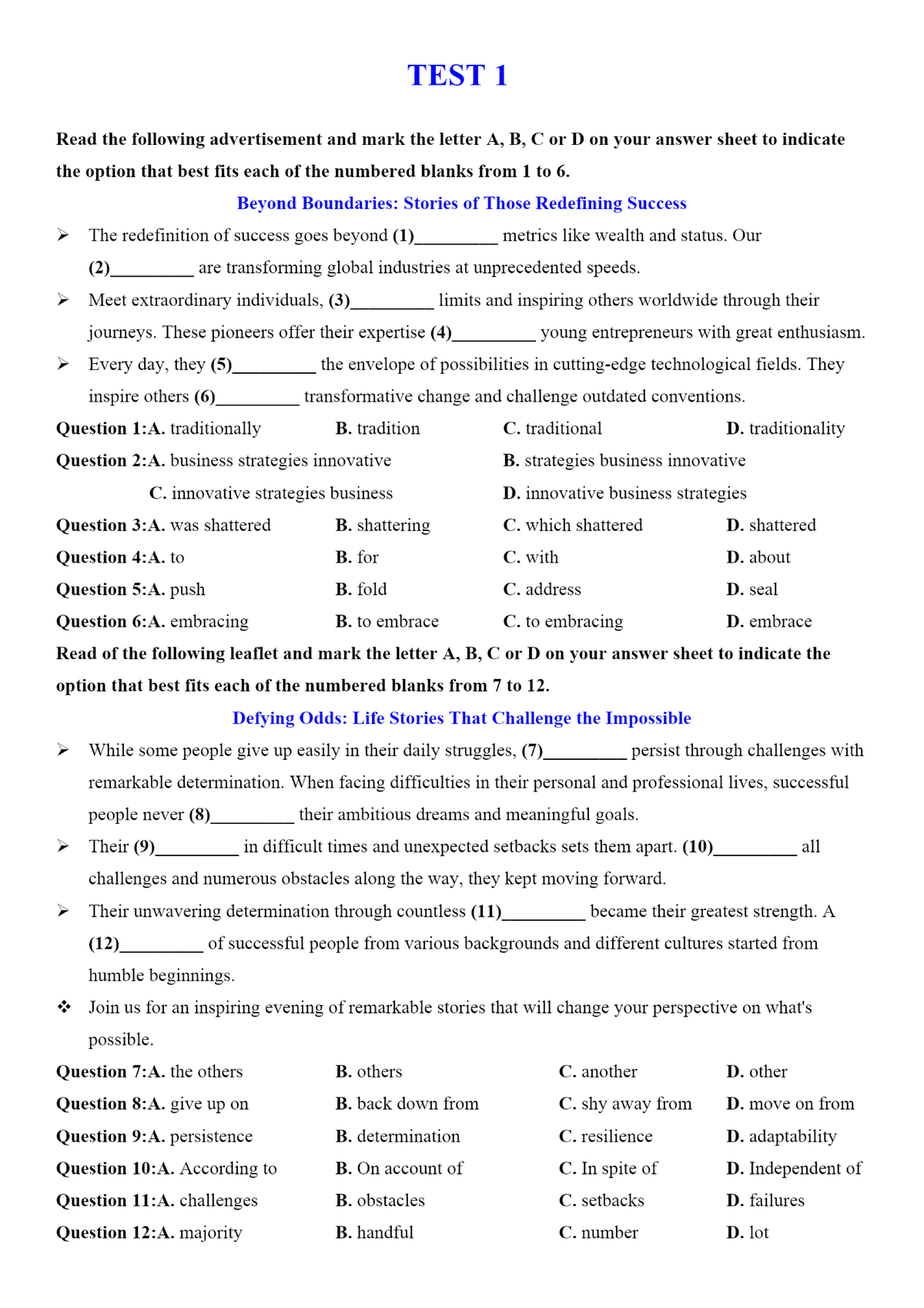 Test 1 - UNIT 1 - HS: Understanding Success Redefined and Cultural ...