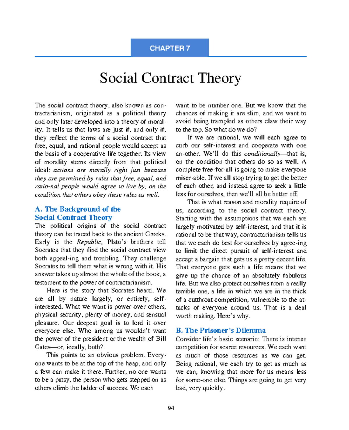 Social Contract Theory - CHAPTER 7 Social Contract Theory The social ...