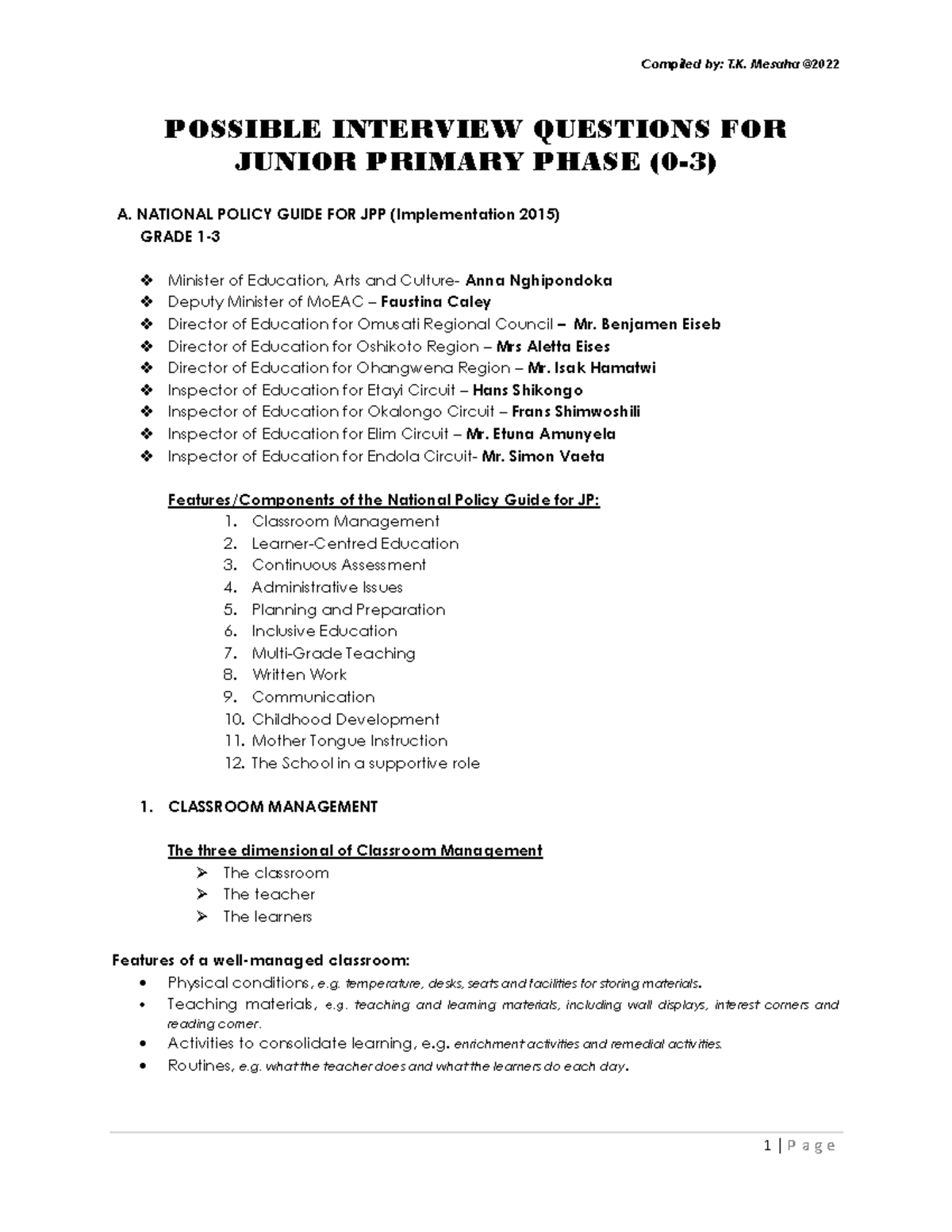 Possible Interview Questions for Junior Primary Phase (JPP) - Compiled ...