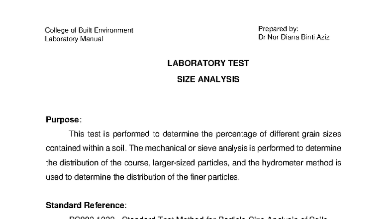 LABORATORY MANUAL: Sieve Analysis for Soil Testing (CBE) - Studocu