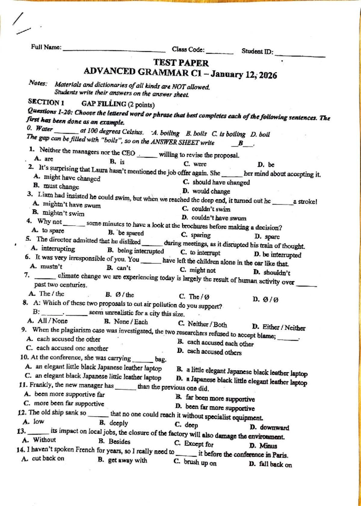 Advanced Grammar C1 Test Paper - January 2026 - Studocu