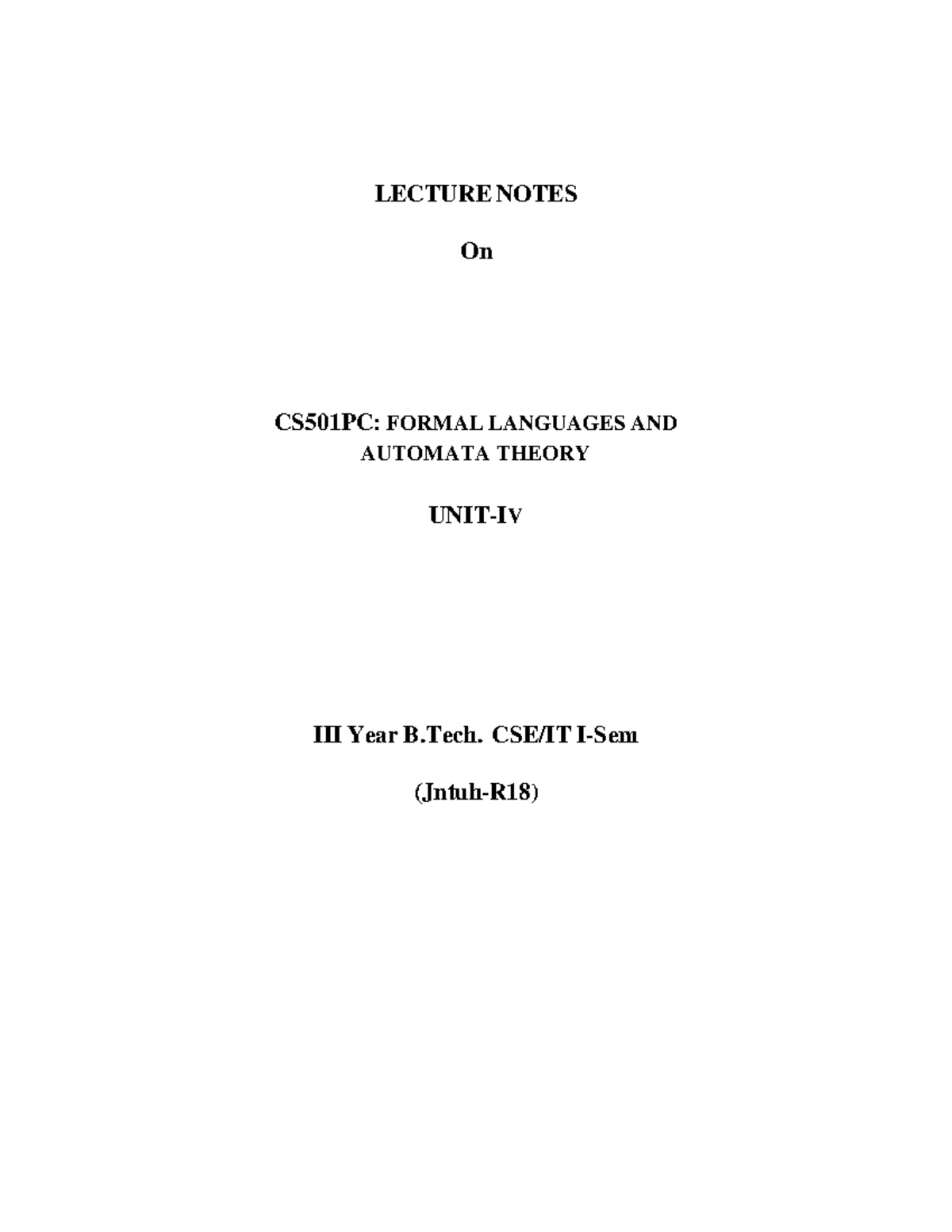 LECTURE NOTES: CS501PC - FORMAL LANGUAGES & AUTOMATA THEORY - Studocu