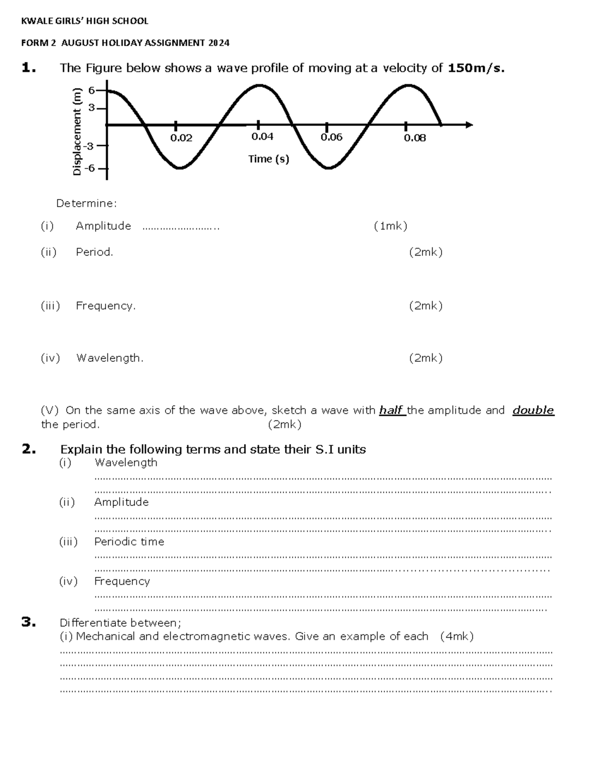 Physics Form 2 August Holiday Assignment 2024: Wave Properties and ...