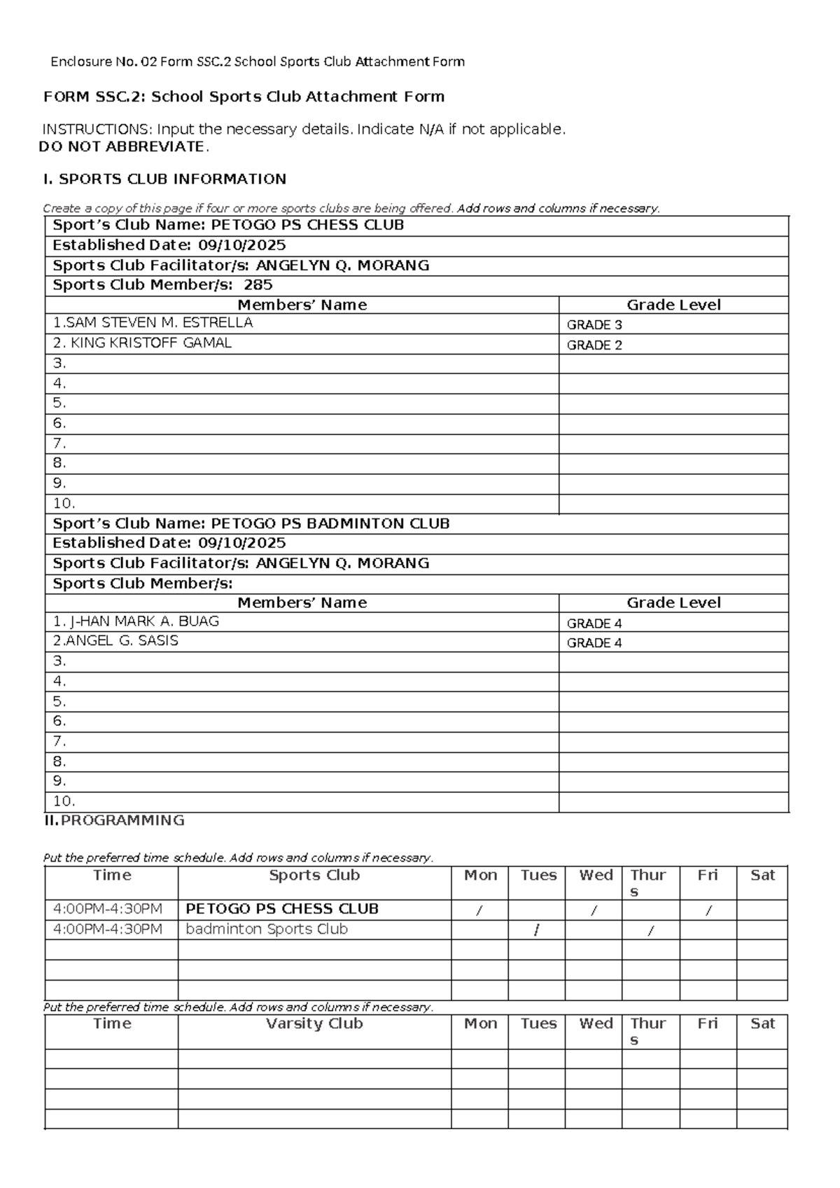 Form SSC.2: School Sports Club Attachment & Info Guide - Studocu