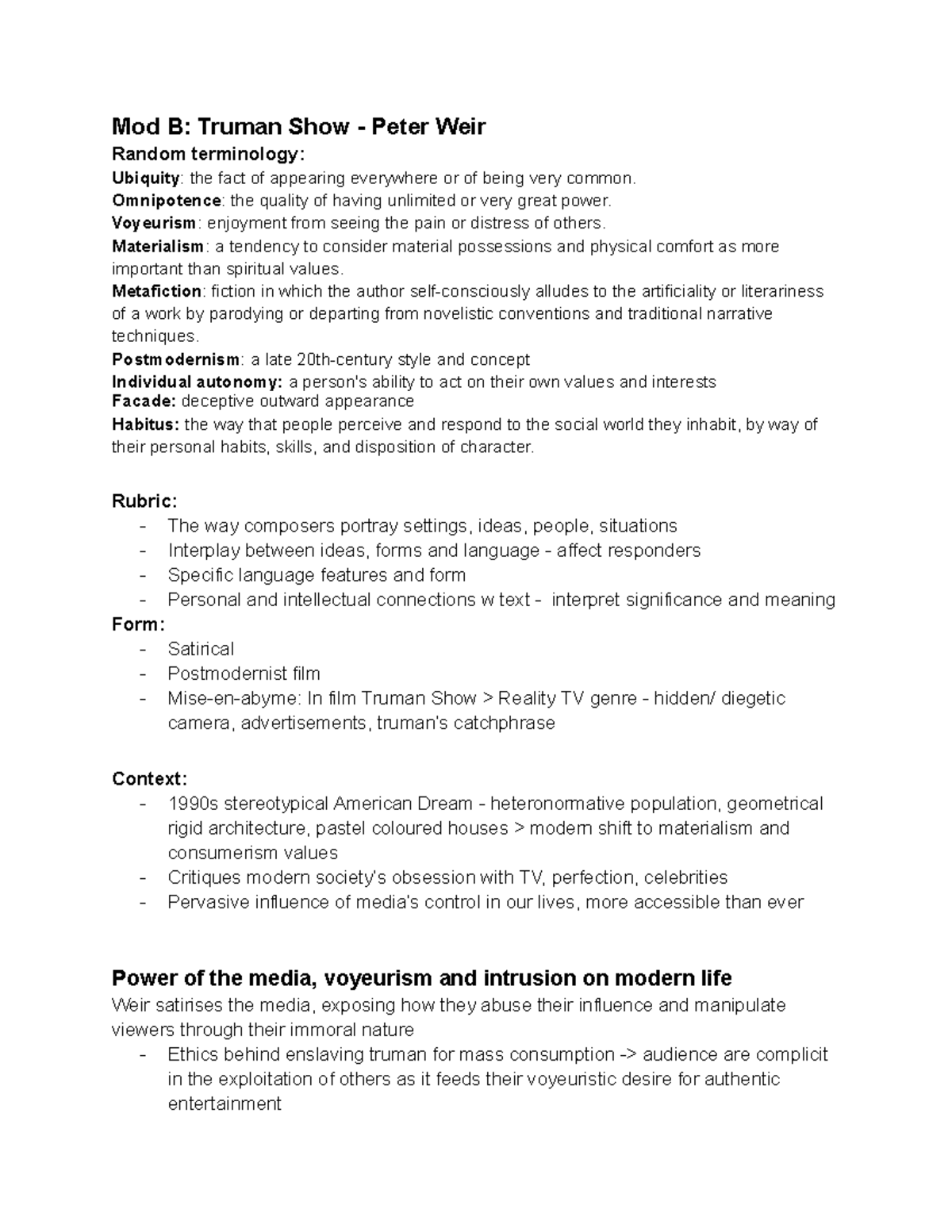 Mod B: The Truman Show - Critical Analysis & Key Themes - Studocu