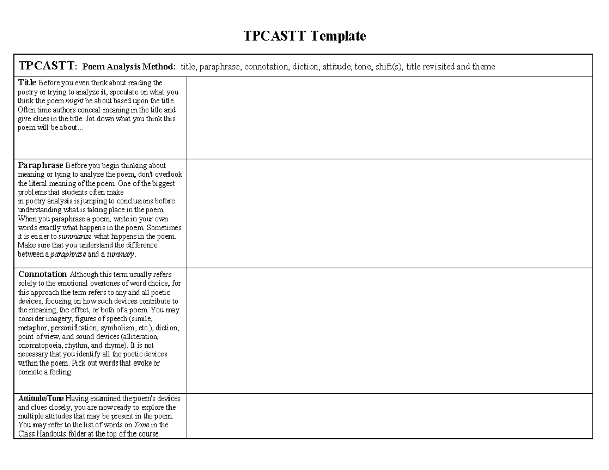 TPCASTT Template for Poem Analysis - Detailed Study Guide - Studocu