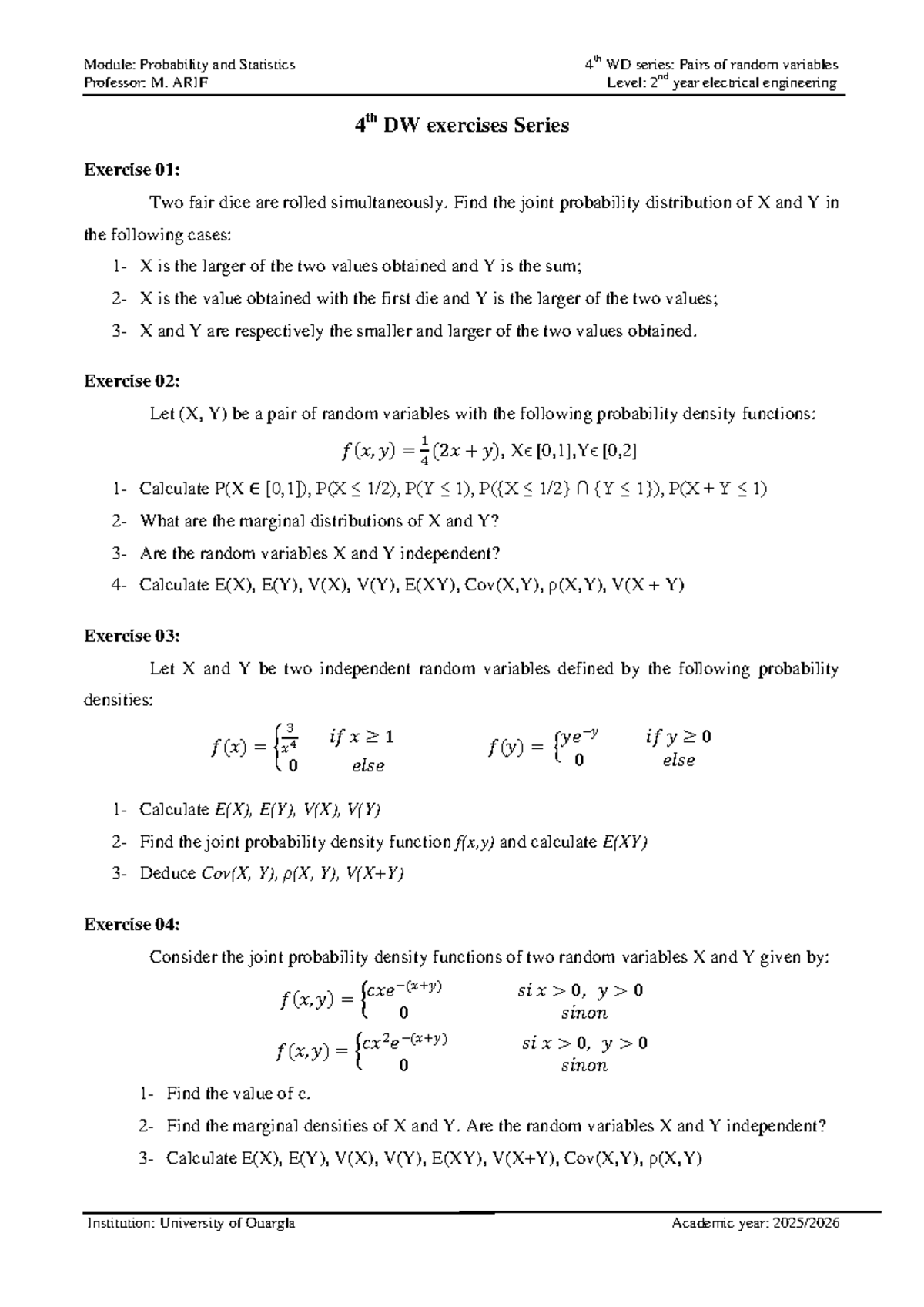 4th DW Exercises: Pairs of Random Variables in Probability & Stats ...