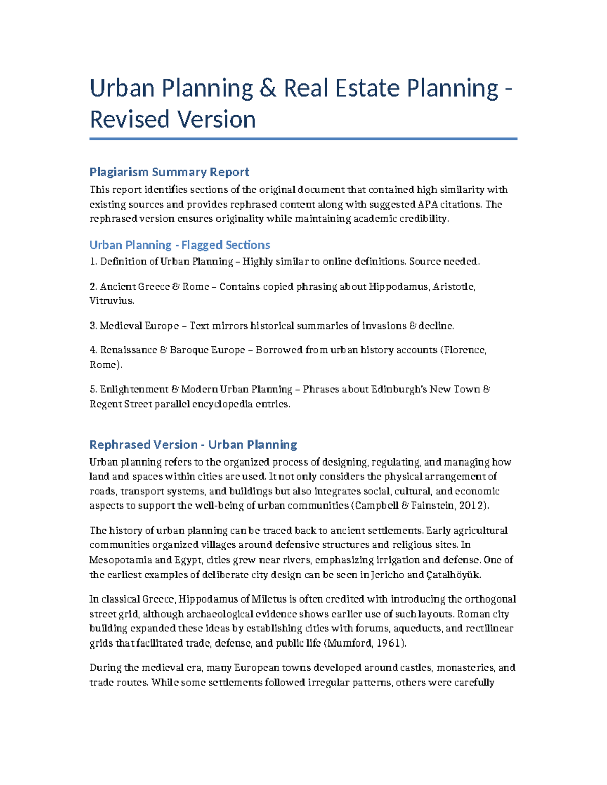 Revised Urban Planning Real Estate Planning Summary Report - Studocu