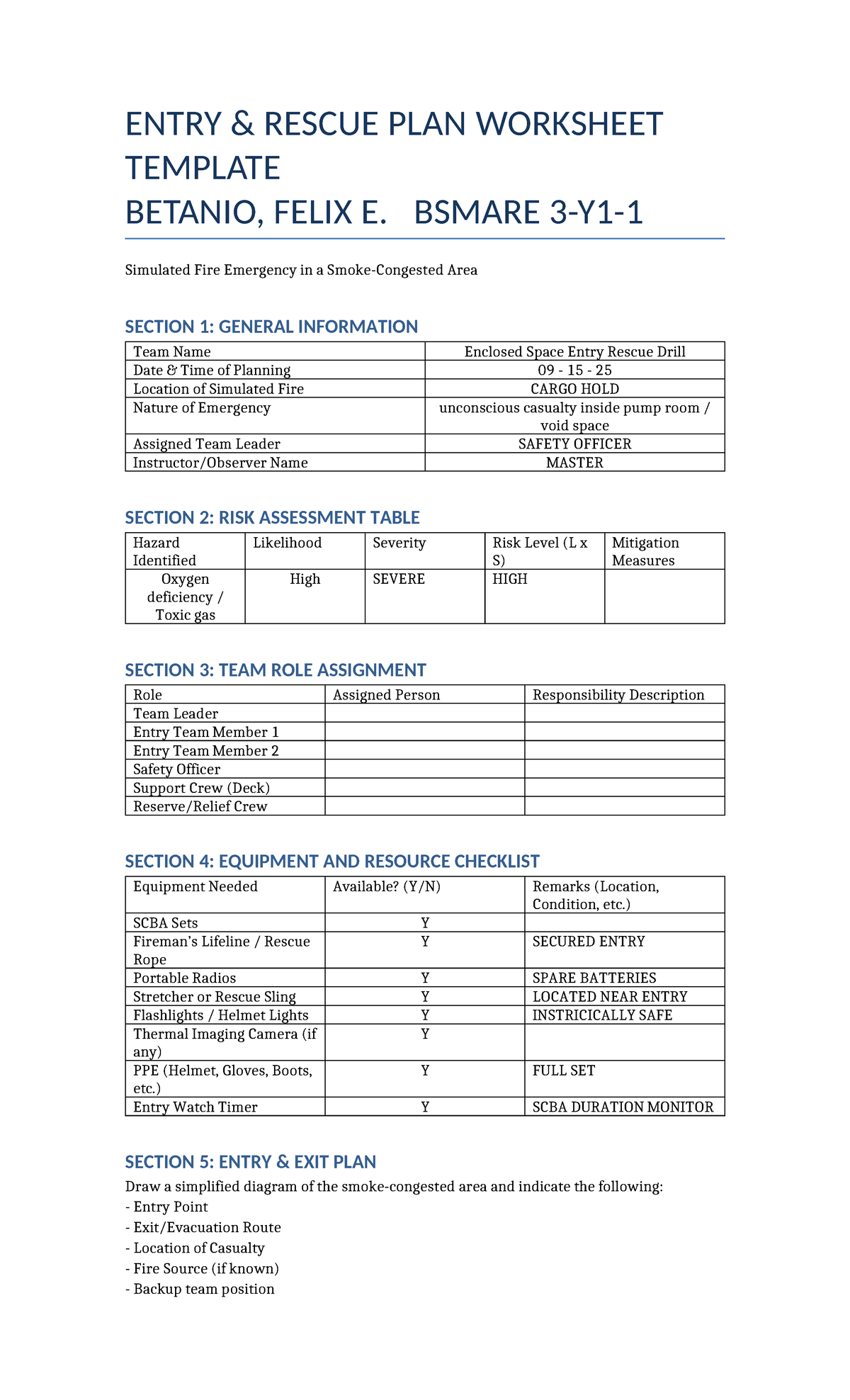 Entry and Rescue Plan Worksheet Template LO3 for Simulated Fire ...