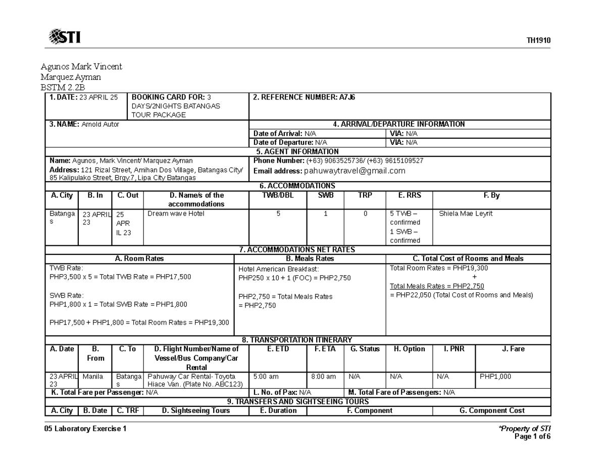 BSTM 2.2B Laboratory Exercise 1: Tour Package Booking Card - Studocu