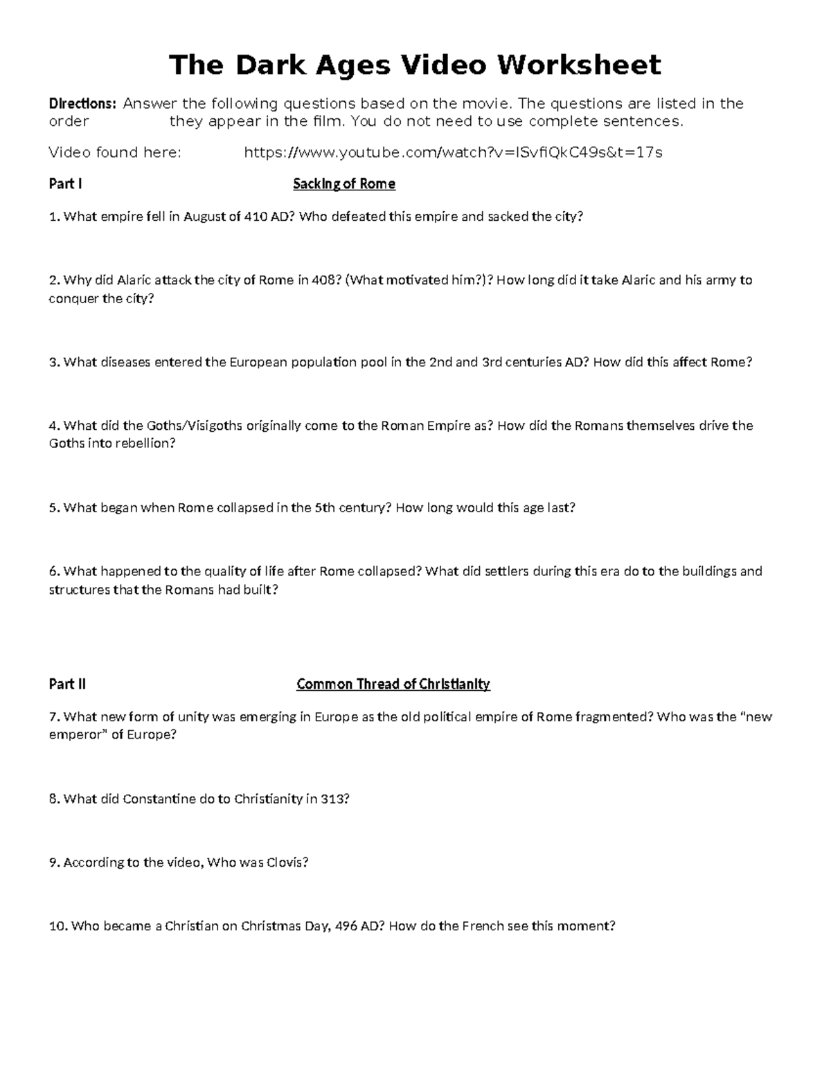 Dark Ages Video Worksheet 1: Questions and Notes on Europe’s History ...