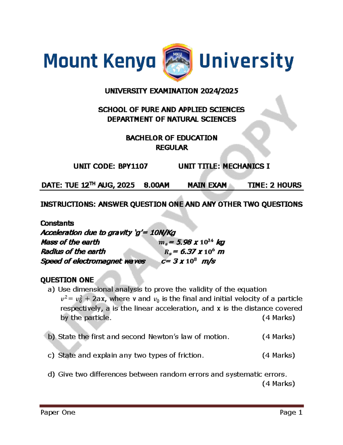 BPY1107 Mechanics I Final Exam Past Paper 7 - August 2025 - Studocu