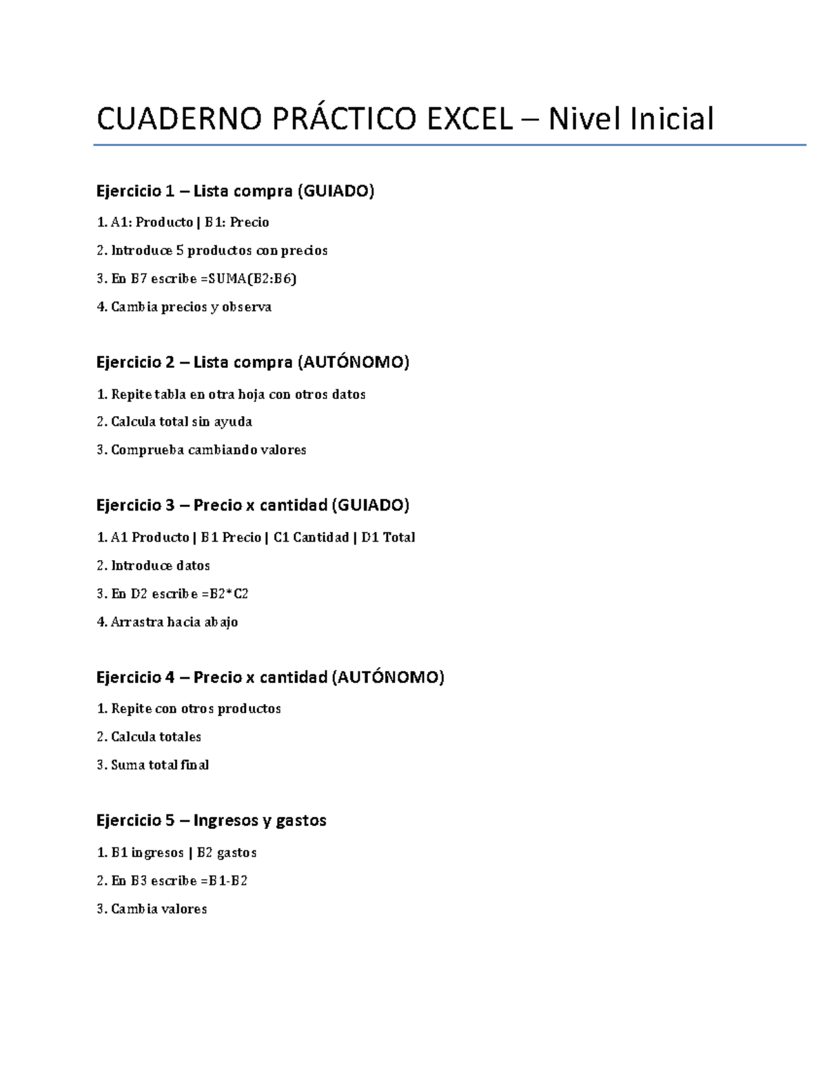 Cuaderno Práctico Excel Nivel Inicial: 14 Ejercicios Guiados - Studocu