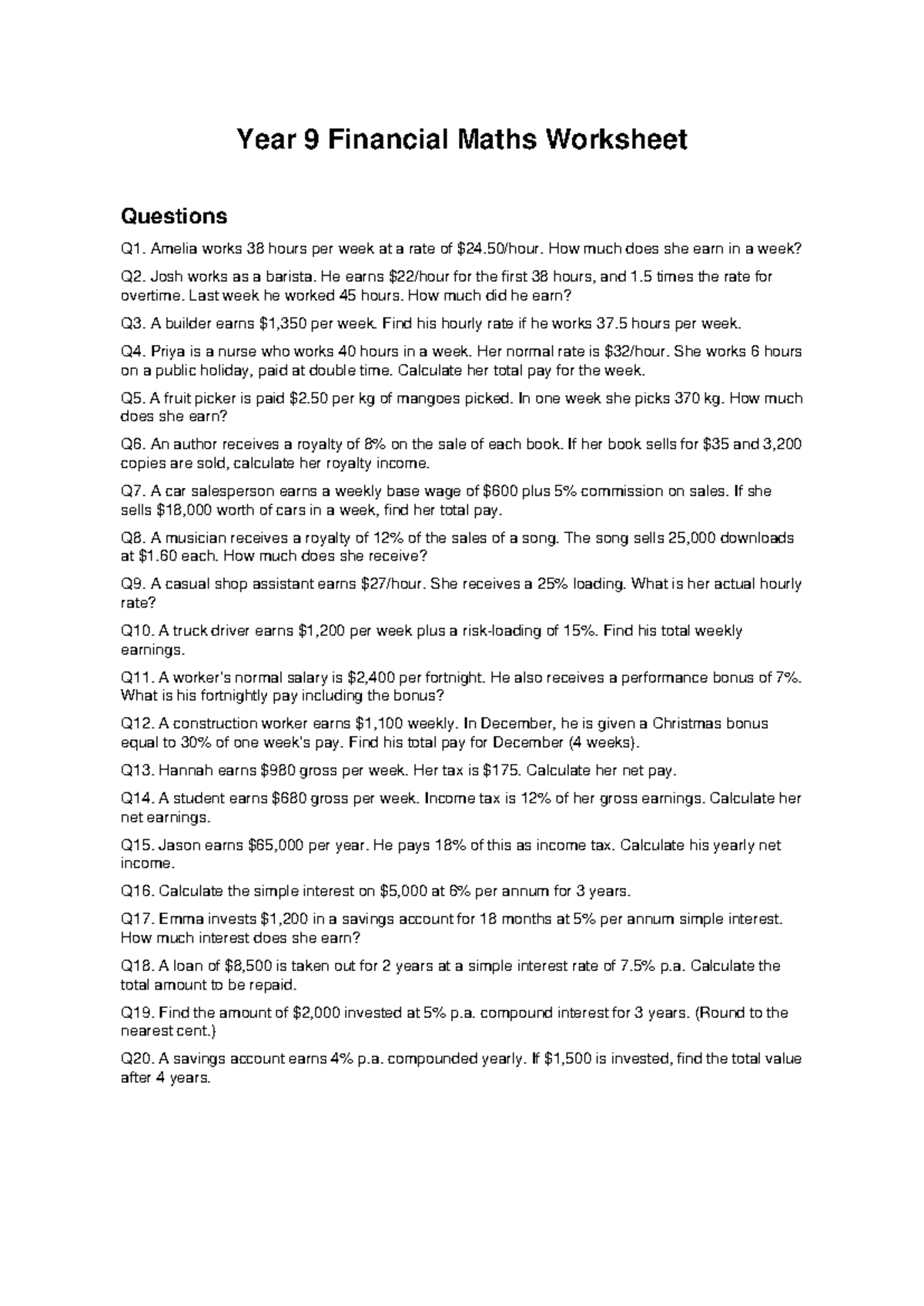 Year 9 Financial Maths Worksheet Questions & Solutions - Studocu