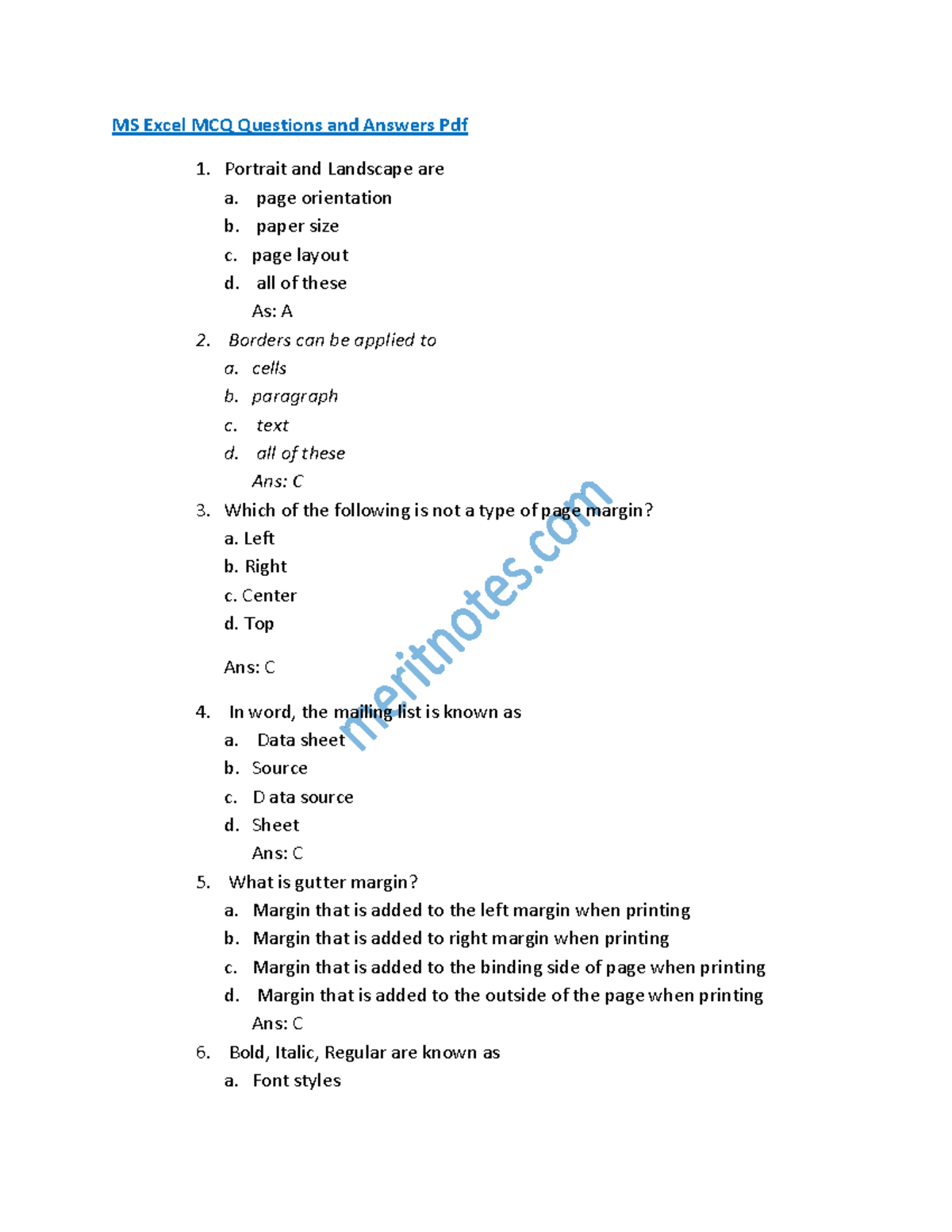 MS Excel MCQ Questions & Answers - Study Guide - Studocu