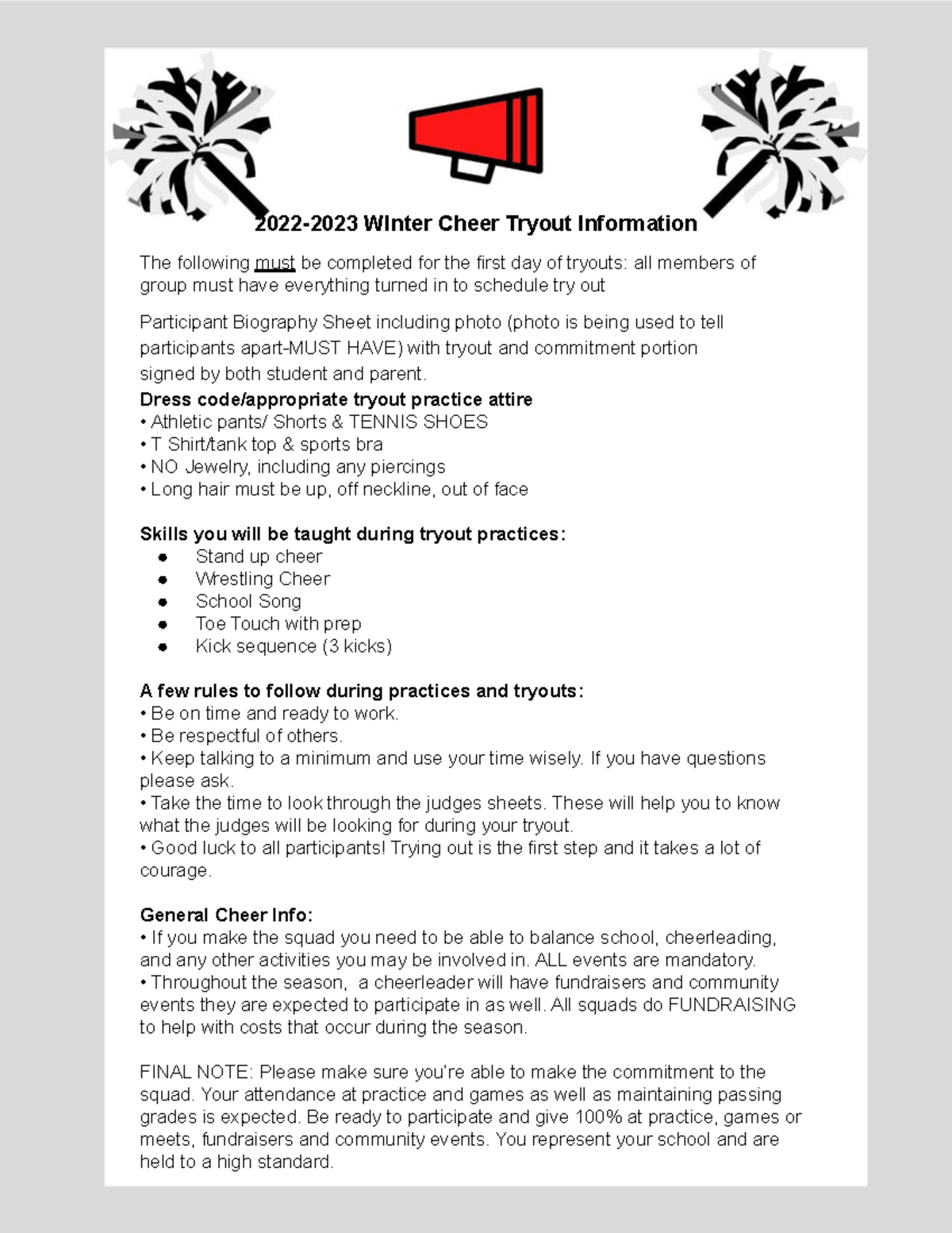 2022-2023 Milton High School Winter Cheer Tryout Info Packet - Studocu