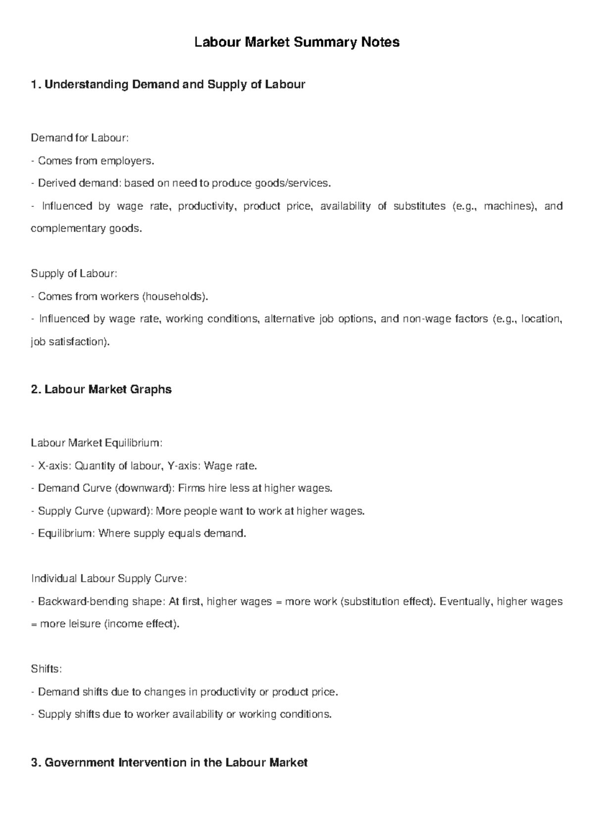 Labour Market Summary Notes: Demand, Supply, and Equilibrium Analysis ...