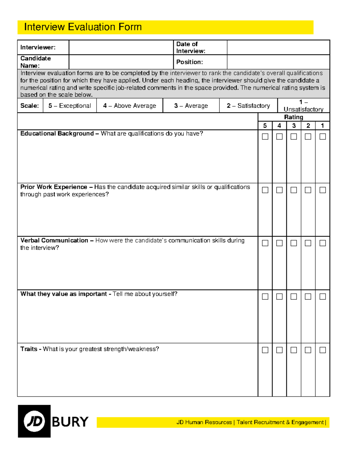 JD Interview Evaluation Form for Talent Recruitment & Engagement - Studocu
