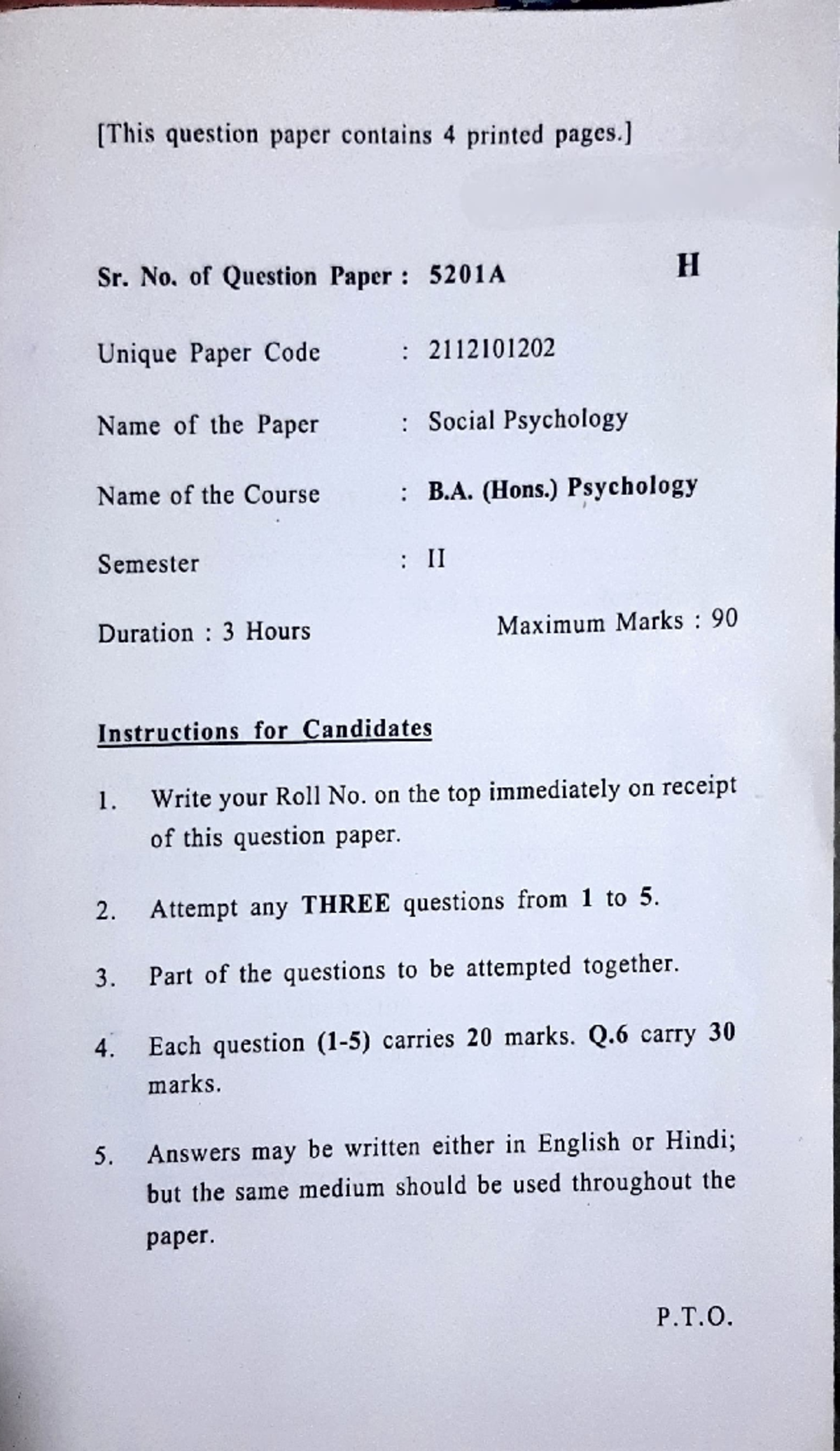 Social Psychology PYQ 5201A: Exam Questions & Instructions - Studocu