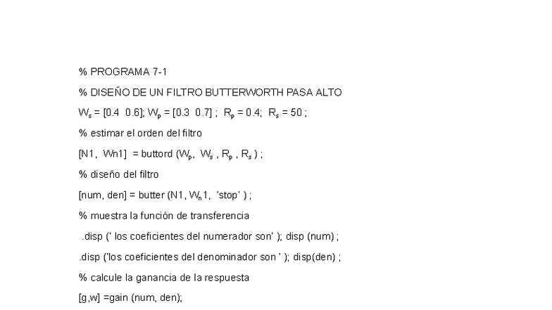 Diseño de Filtro Butterworth Pasa Alto - Ws Wp Rp Rs 50 - Studocu