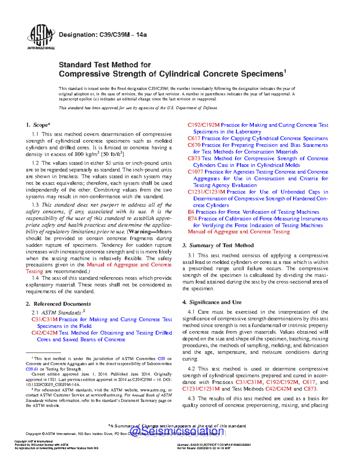 ASTM C39-14: Standard Test Method for Compressive Strength of Concrete ...