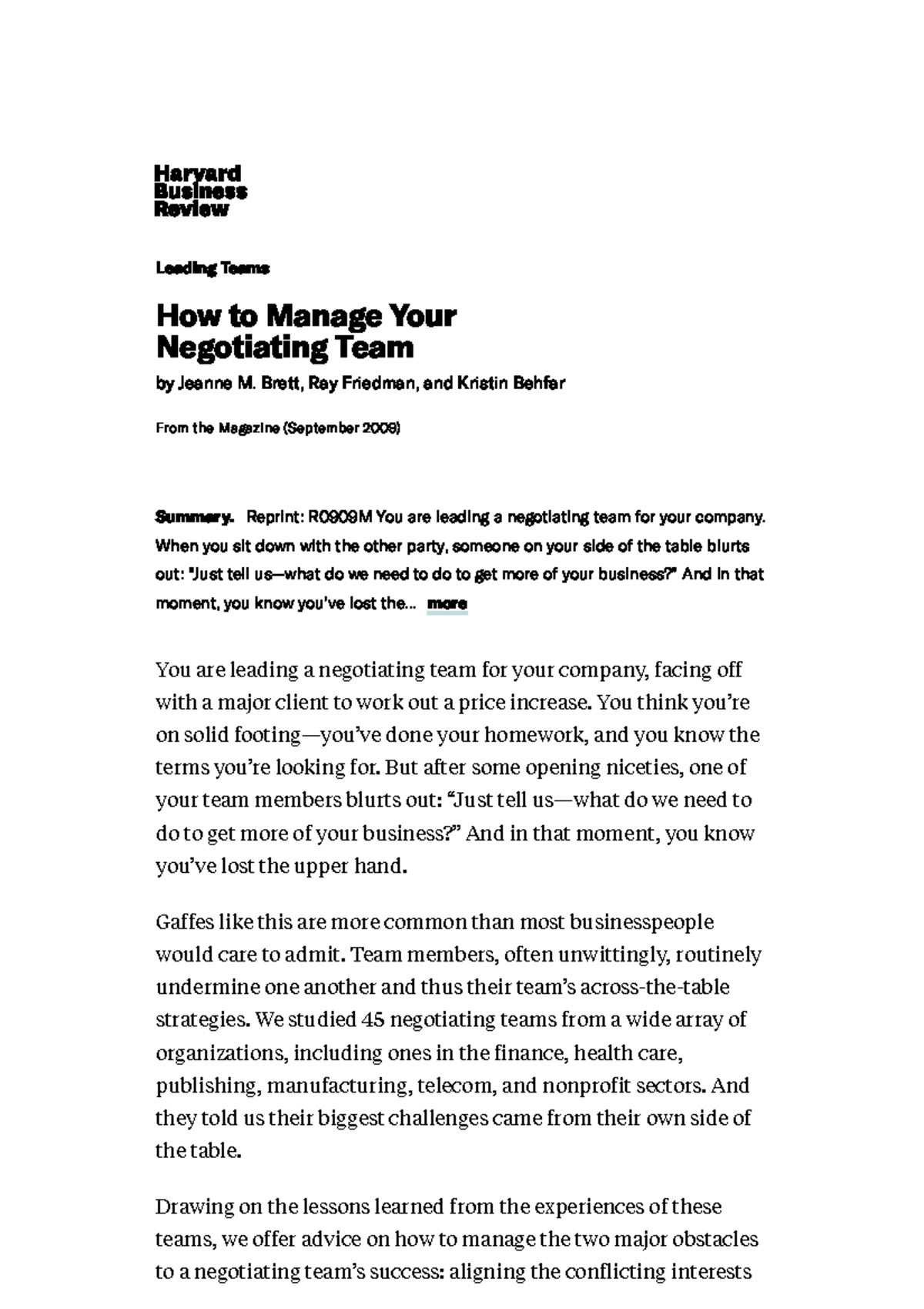 HBR2009: Managing Conflicts in Your Negotiating Team - Studocu
